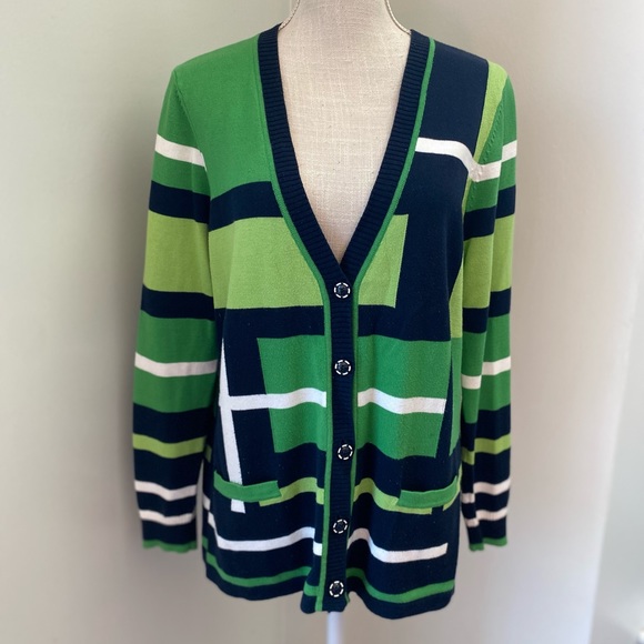 TanJay | Sweaters | Tanjay Green Black White Geometric Knit Cardigan ...